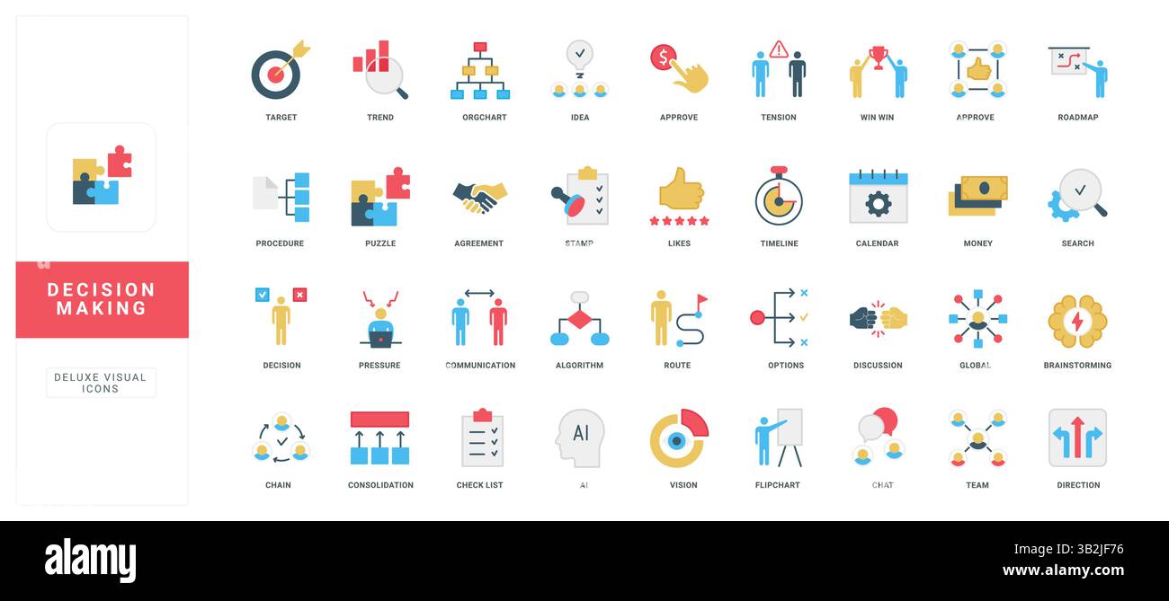 Decision making, problem and opportunity vision, solution research, critical mindset color icon ...