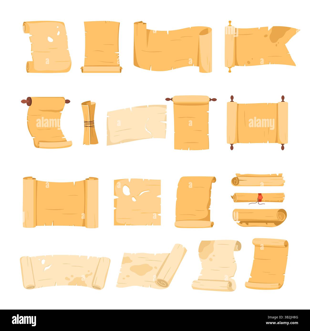 Cartoon isolated old papyrus rolls collection with ancient paper sheet for treasure map, vintage ...