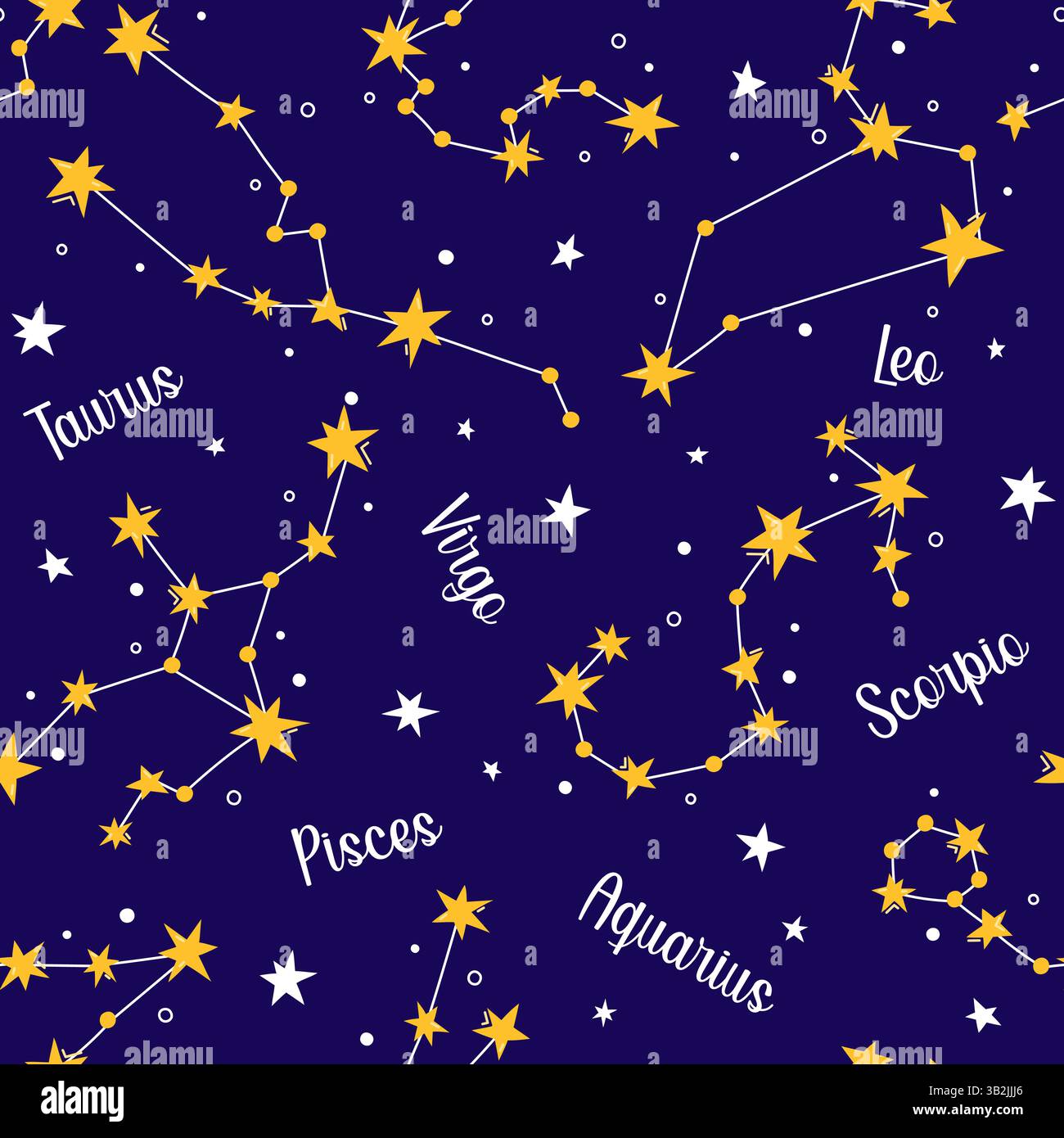 Zodiac constellations pattern on dark blue sky. Zodiac signs seamless ...