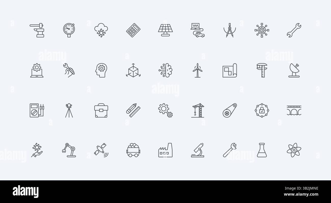 Robot, machinery and factory equipment, engineer thin black outline ...