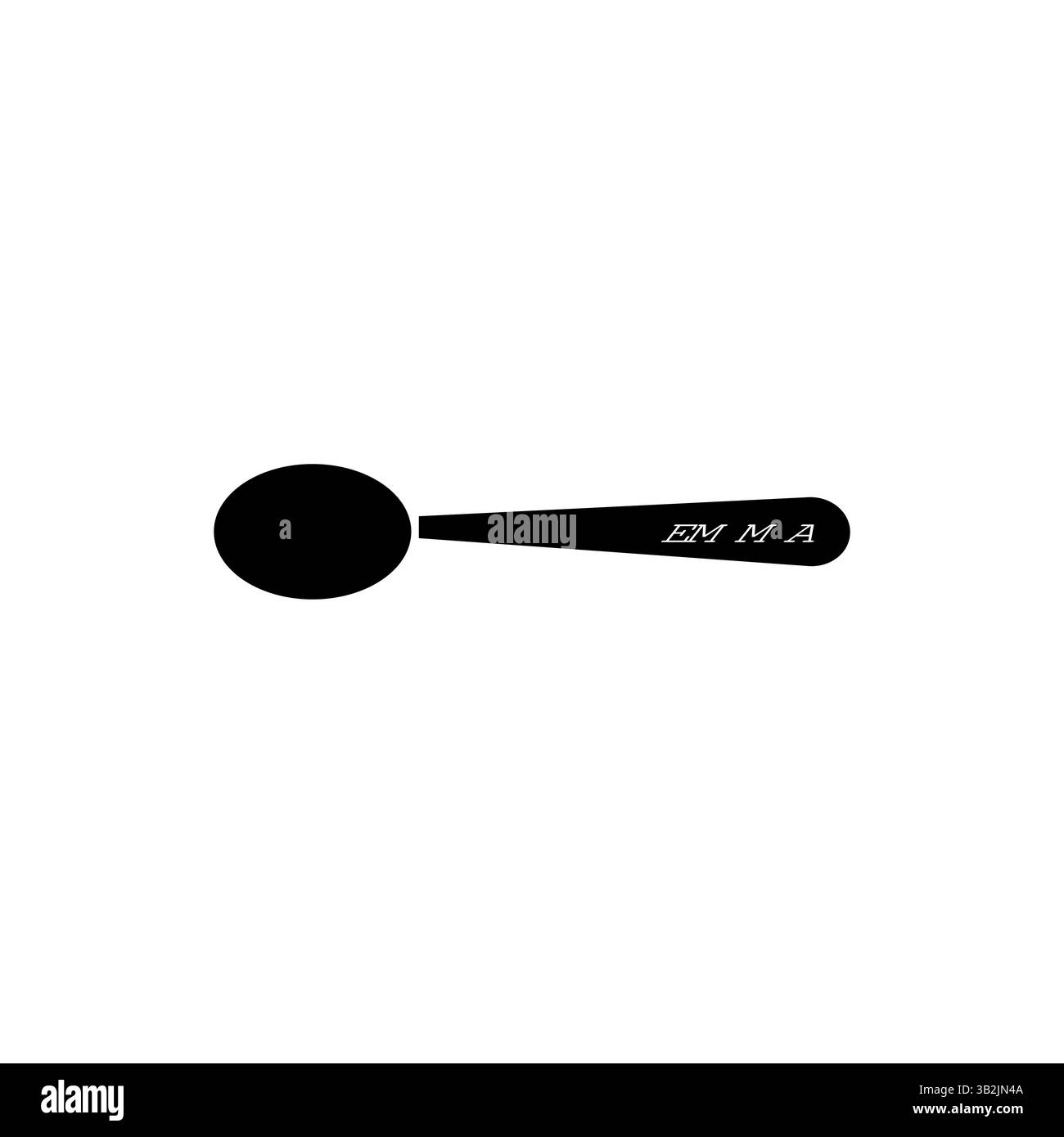 Black spoon icon. Name Emma text. Simple kitchen utensil. Vector ...
