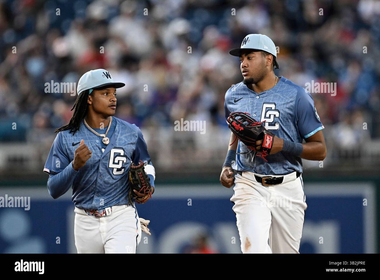 Washington Nationals shortstop CJ Abrams, left, and outfielder James ...