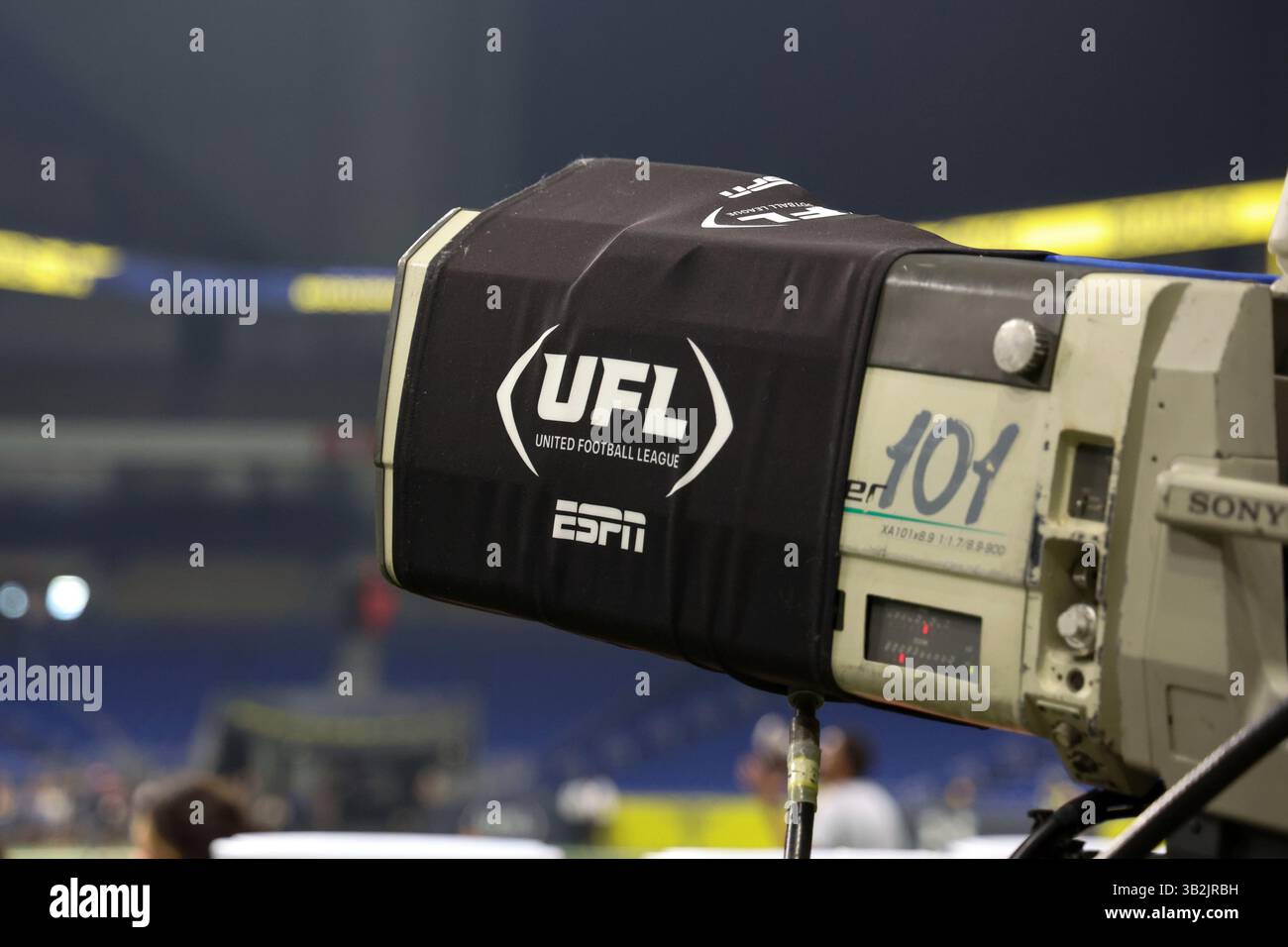 SAN ANTONIO, TX - APRIL 27: The UFL and ESPN logo are displayed on a ...
