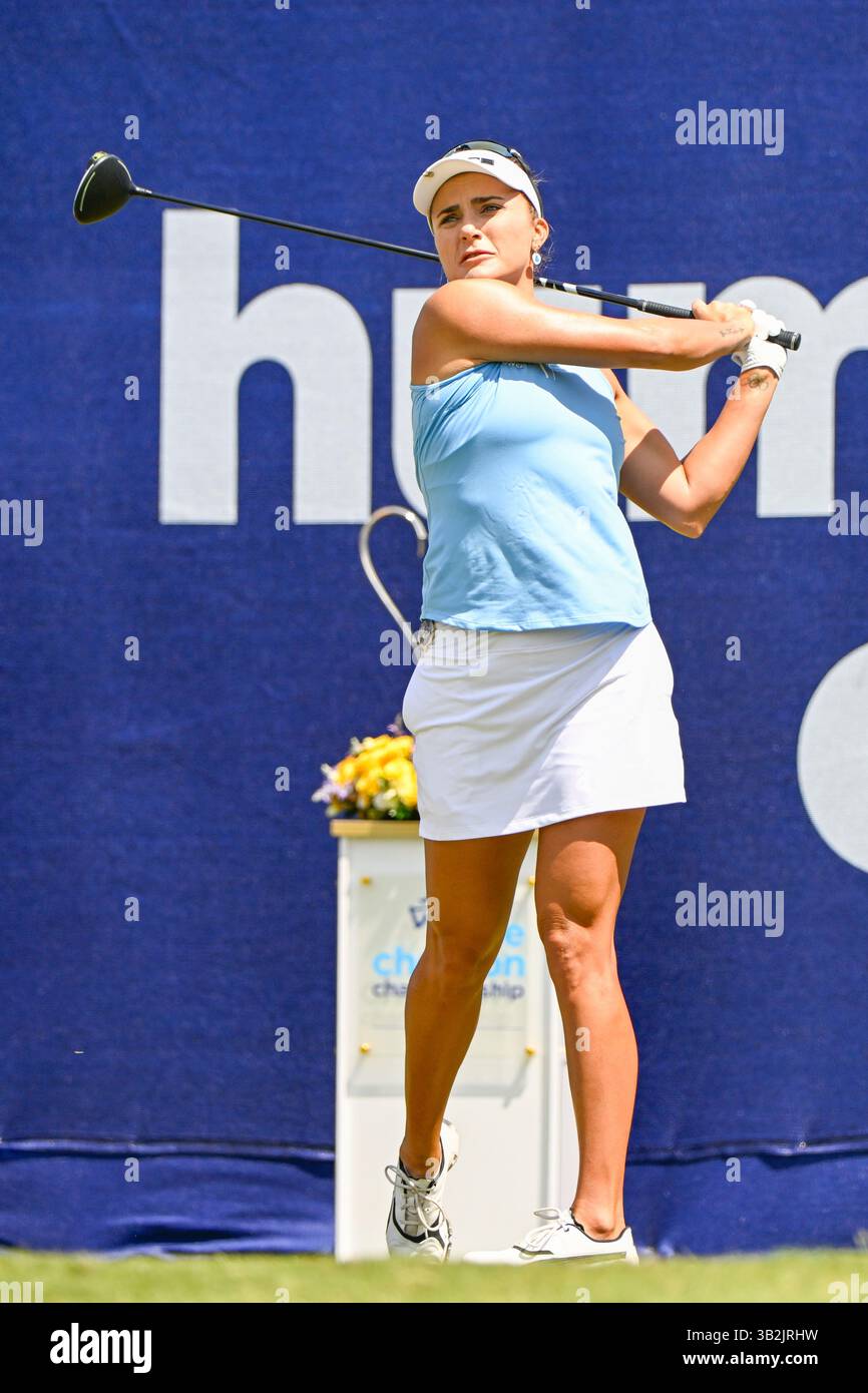THE WOODLANDS, TX - APRIL 27: Lexi Thompson (USA) watches her tee shot ...