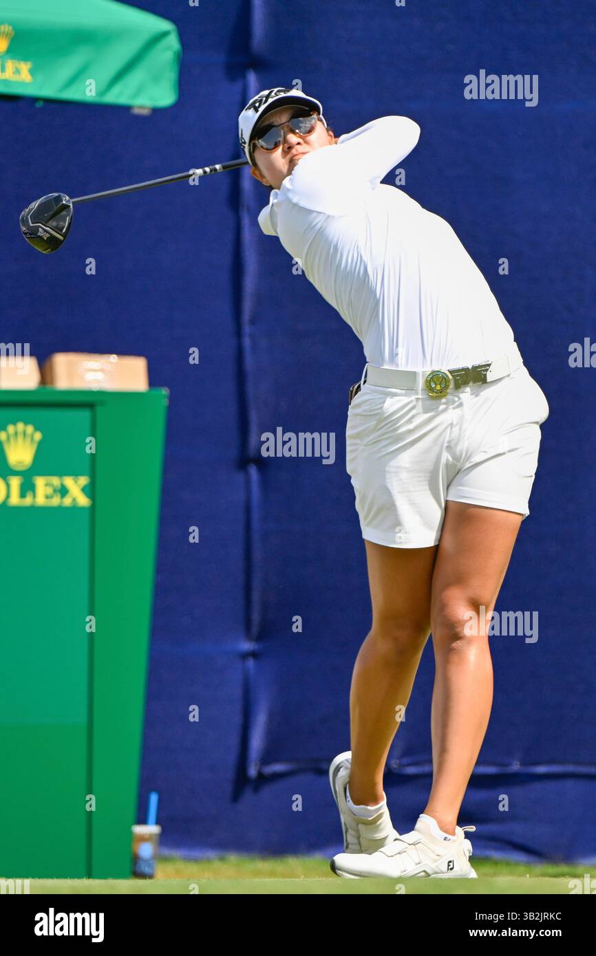 THE WOODLANDS, TX - APRIL 27: Auston Kim (USA) watches her tee shot on ...