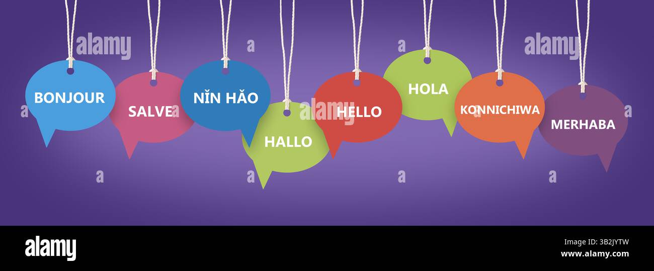 Paper speech bubbles with greetings in different languages hanging on ...