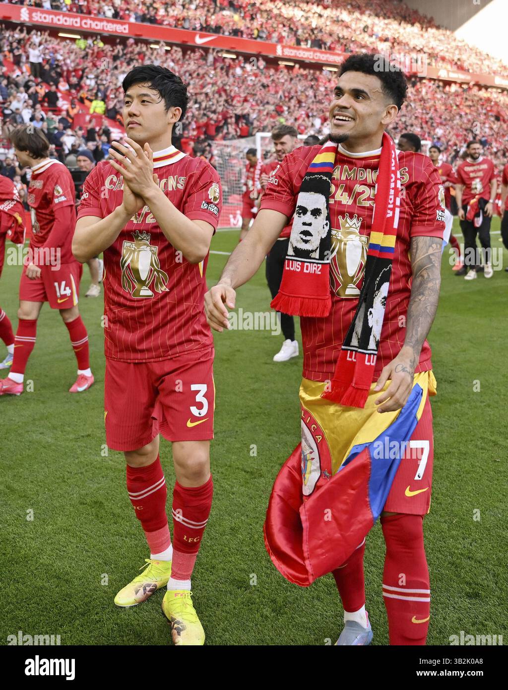 Liverpool players Wataru Endo (3) and Luis Diaz acknowledge fans after ...