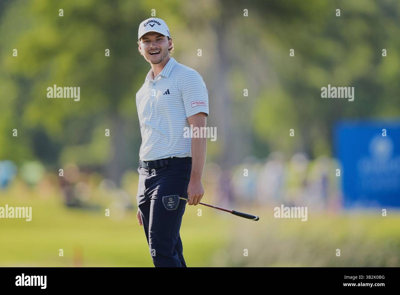 Rasmus Hojgaard, of Denmark, reacts to his shot on the 17th green ...