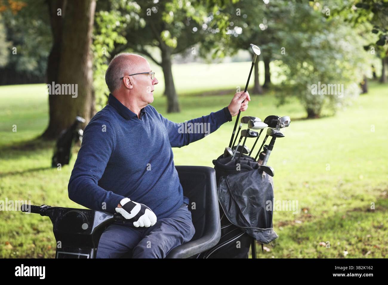 Golf, course and man with disability playing game for hobby, retirement ...