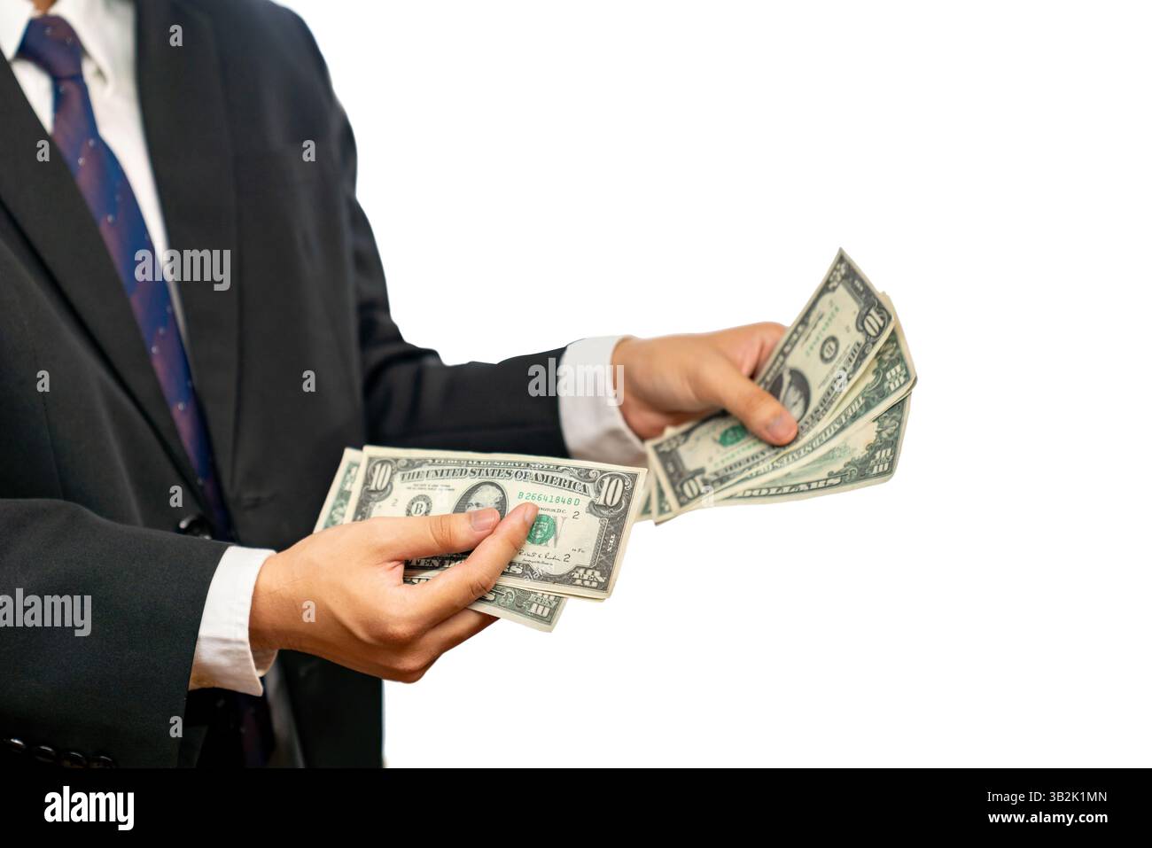 Business man count the money for the payment of the goods isolate on ...