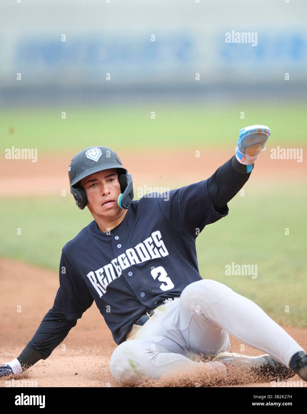 Hudson Valley Renegades George Lombard Jr. (3) slides into third base during game one of a ...