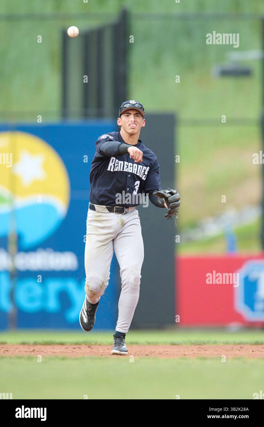 Hudson Valley Renegades George Lombard Jr. (3) throws to first base ...