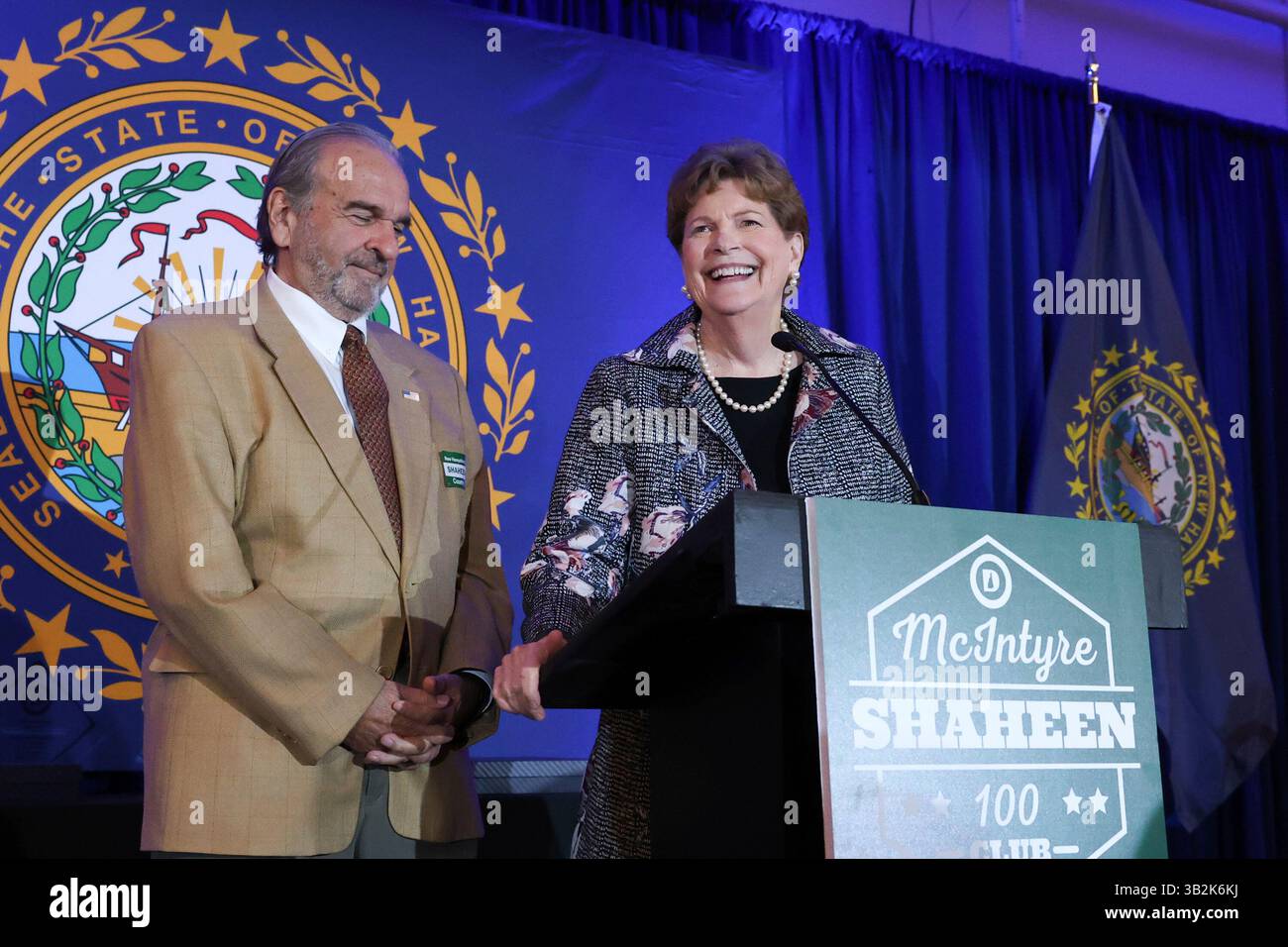 Sen. Jeanne Shaheen, D-N.H., speaks as her husband Bill looks on during ...