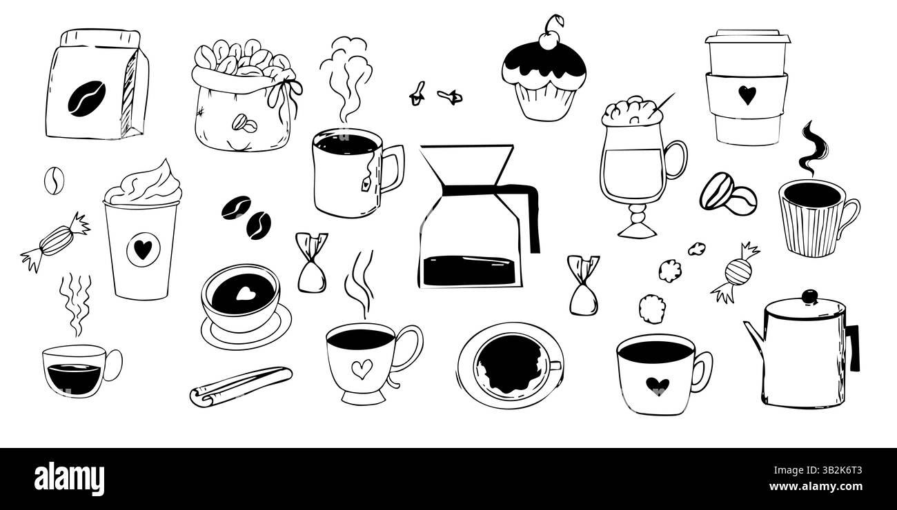 Coffee doodle set sketchy hand drawn set sack with coffee beans ...