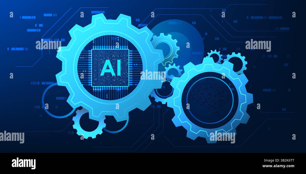 Agentic AI, a microchip and human brain connected to a gear, represents ...