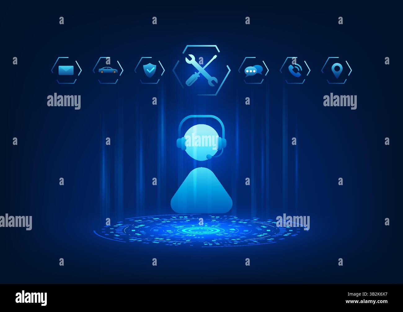 Service technology, the headset-wearing center icon, represents fast ...