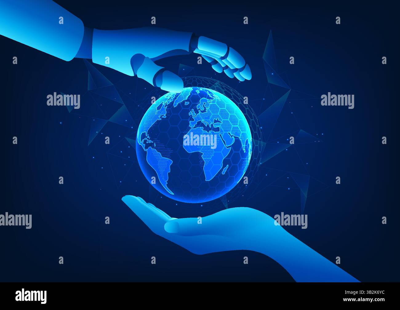 AI robot hand and human hands embrace the world together, representing ...