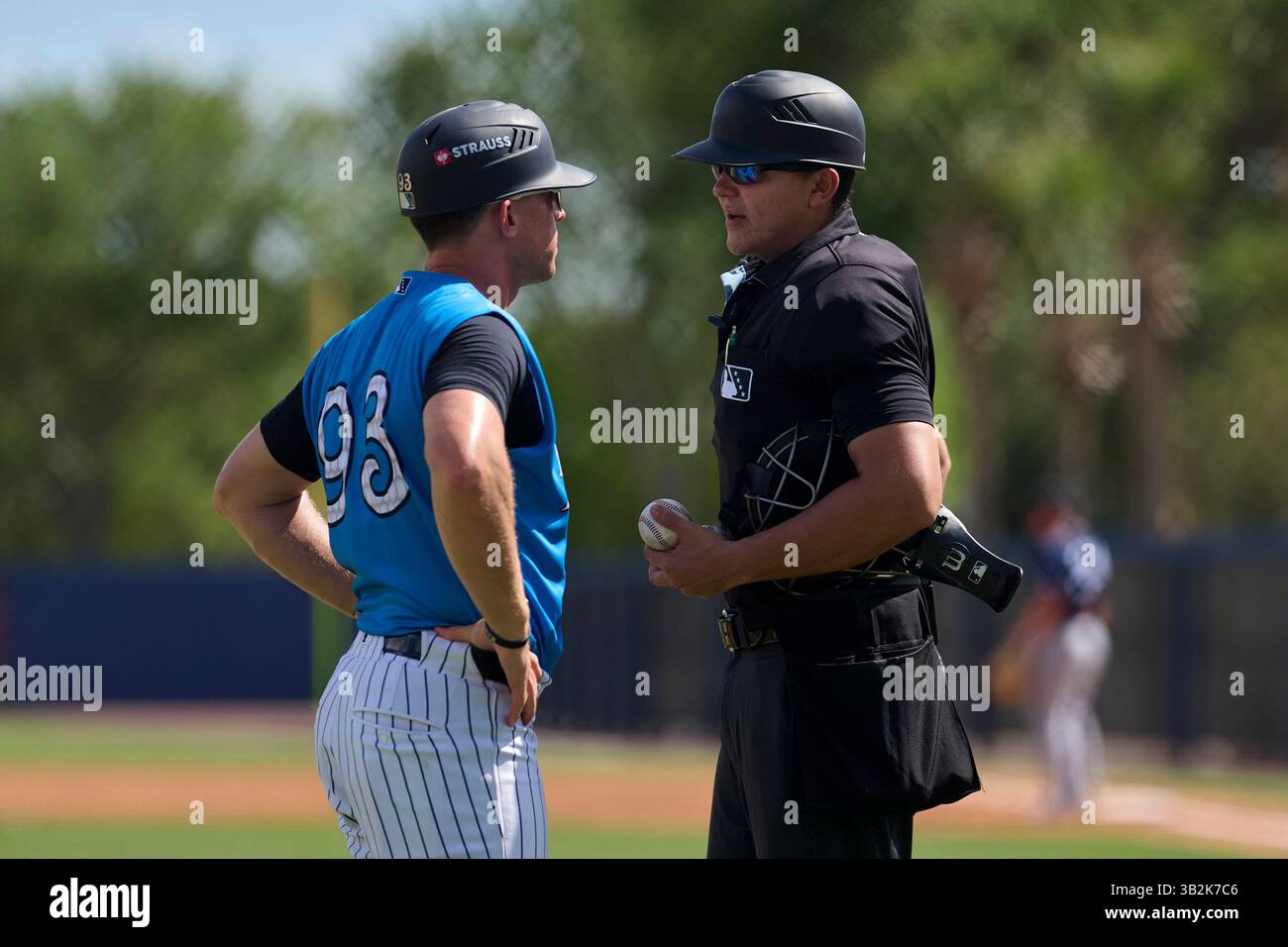 Tampa Tarpons manager Aaron Bossi (93) talks with umpire Bayron Matos ...