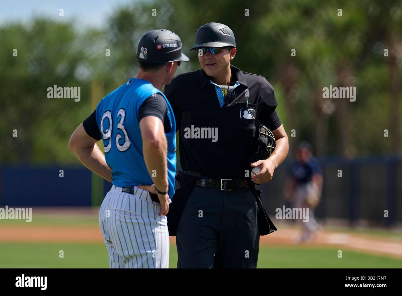 Tampa Tarpons manager Aaron Bossi (93) talks with umpire Bayron Matos ...