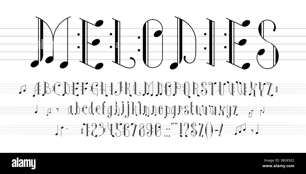 Musical notes font, music melody rhythm typeface, symphony type, piano ...