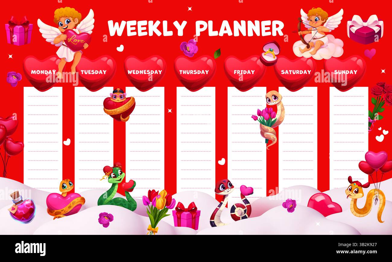 Weekly planner schedule with love hearts and cherubs, valentines day ...