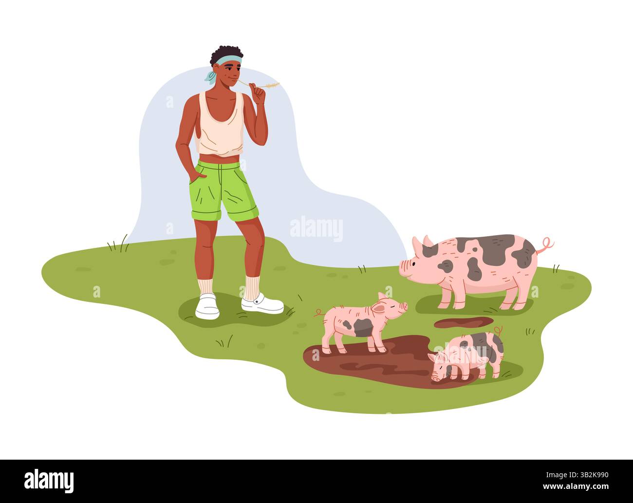 Young relaxed farmer man standing on green field watching piglets and ...