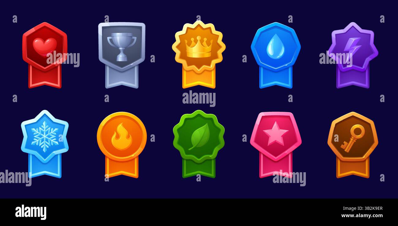 Game rank badges asset, achievement medals vector set. Colorful trophy ...