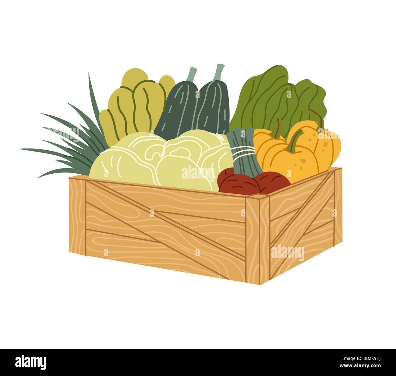 Wooden crate filled with assorted vegetables like cabbage, squash, bell ...