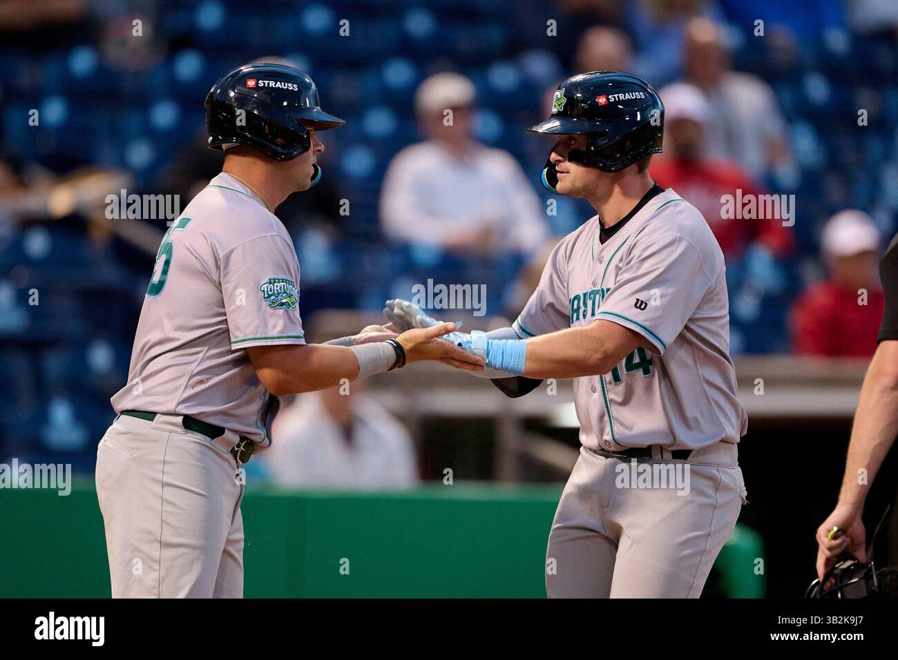 Daytona Tortugas Ryan McCrystal (14) celebrates hitting his first ...