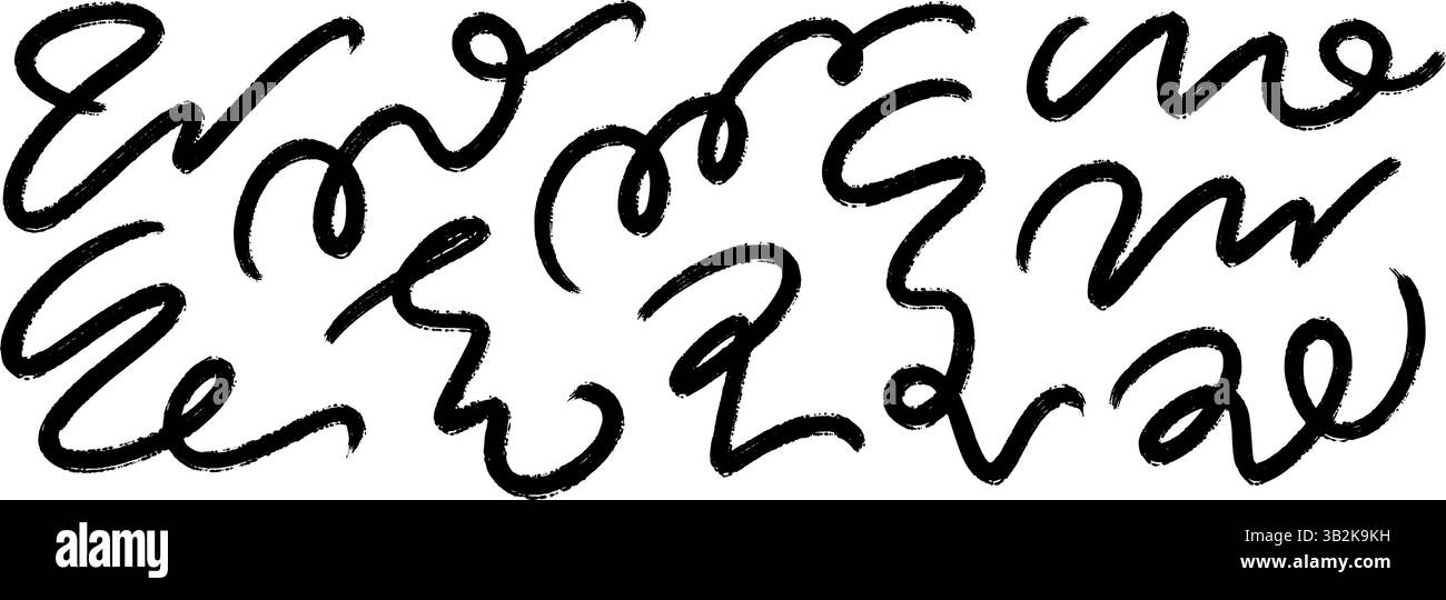 Black squiggle brush stroke set. Wiggly paint line collection. Charcoal ...