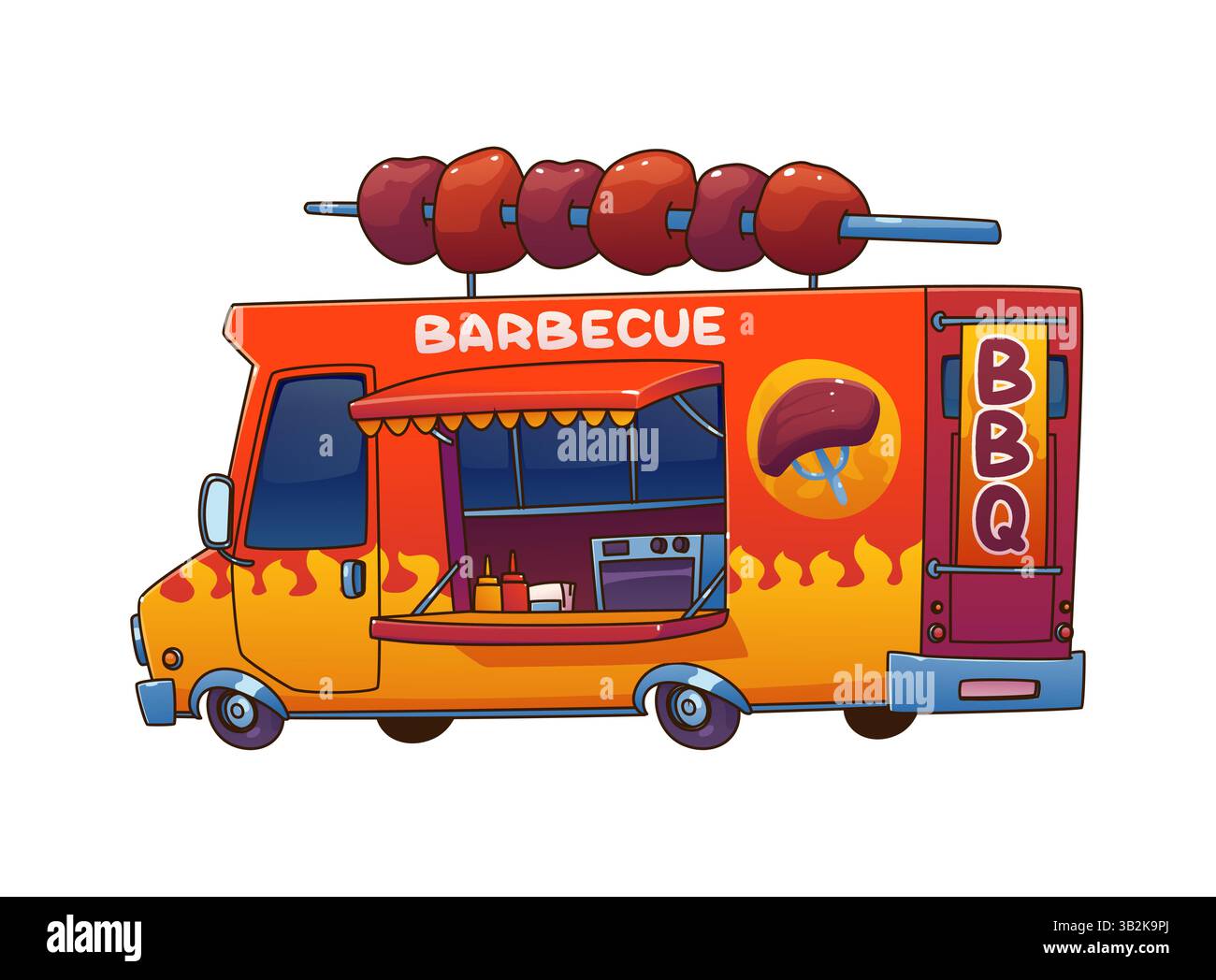 Barbecue food truck car, cartoon festival street foodtruck van with ...