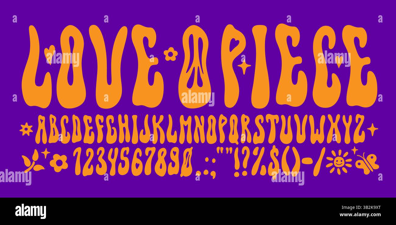 Hippie font letters, psychedelic groovy typeface, retro funky type ...