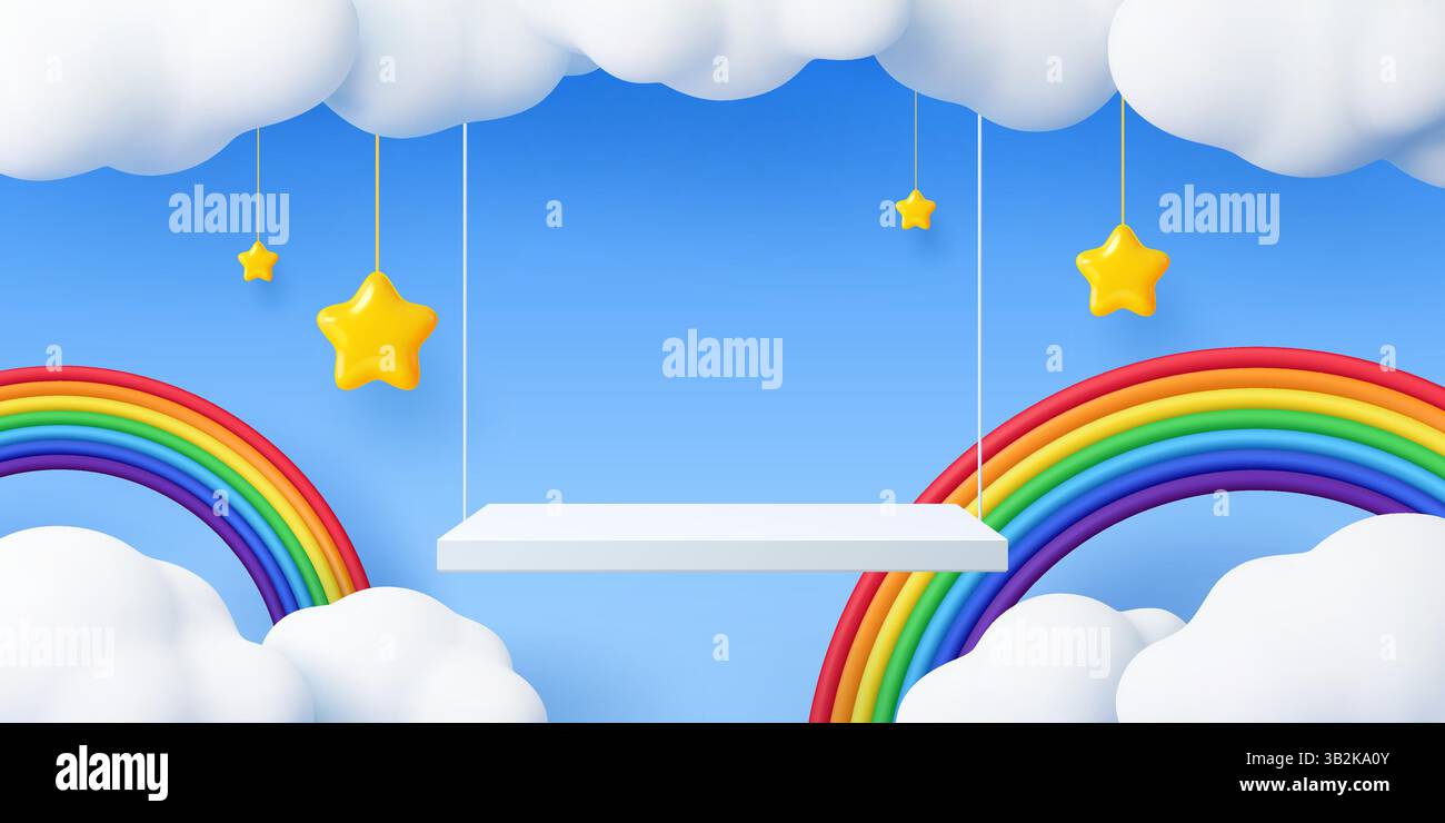 Kids swing podium stage with sky clouds and rainbow. 3d vector magical ...