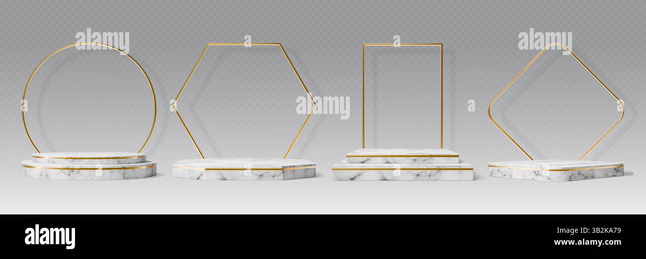 Marble stone podium with golden frames. 3d vector realistic stands or ...
