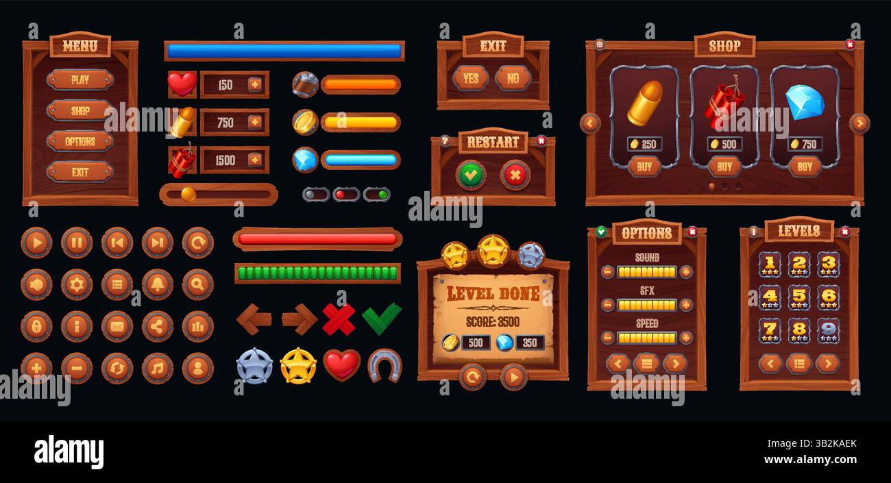 Wild west interface of western game with wooden ui elements, menu ...