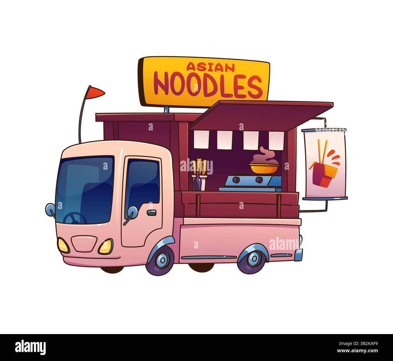 Food truck car or street food festival van with Asian noodles, cartoon ...