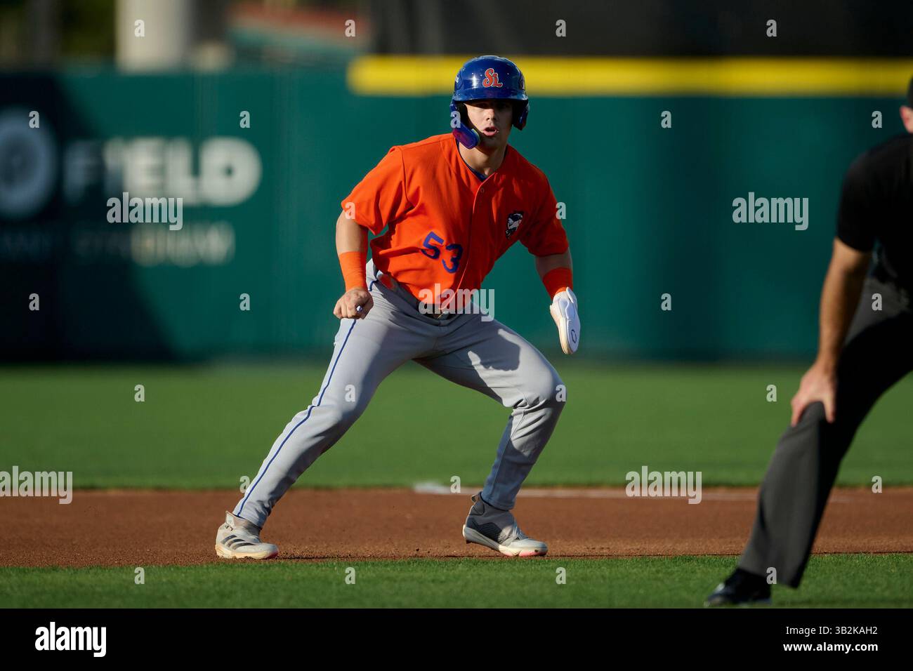 St. Lucie Mets Drew Gilbert (53) leads off second base during an MiLB ...