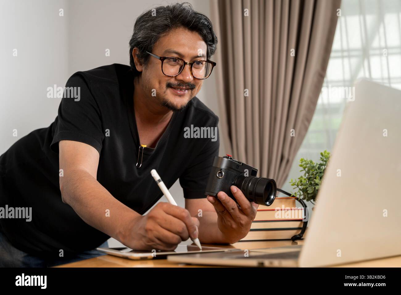 Vision, professional design pen and creative photographer working on camera process. Graphic ...