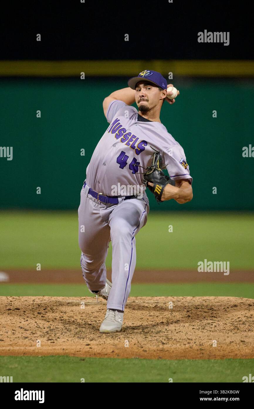 Fort Myers Mighty Mussels pitcher Liam Rocha (44) delivers a pitch ...