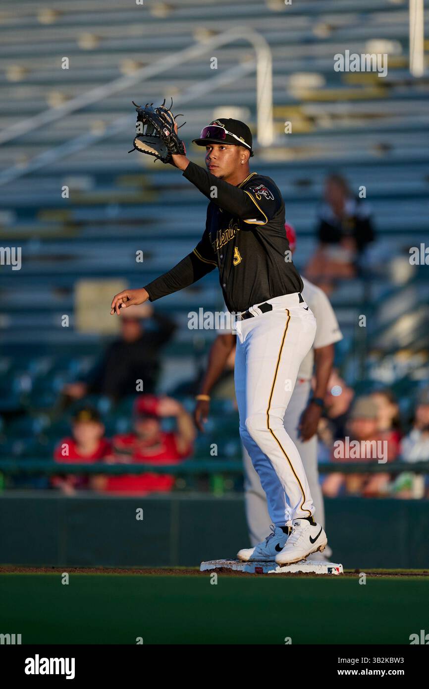 Bradenton Marauders first baseman Eddy Rodriguez (3) catching a throw ...