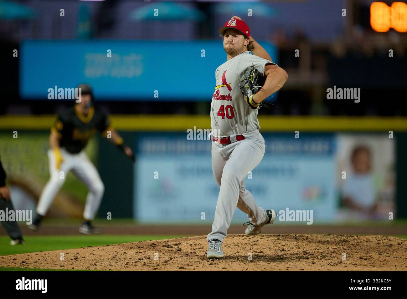 Palm Beach Cardinals pitcher Mason Burns (40) delivers a pitch during ...