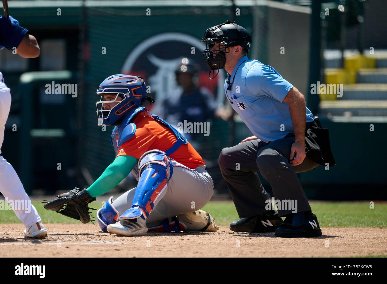 Umpire Jacob Ashworth and New York Mets catcher Francisco Alvarez (54), on rehab assignment with ...