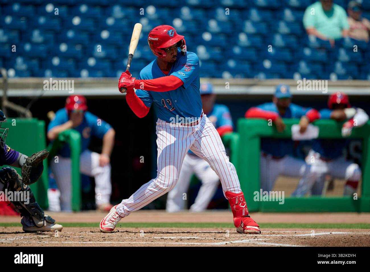 Clearwater Threshers Guillermo Rosario (43) bats during an MiLB Florida ...