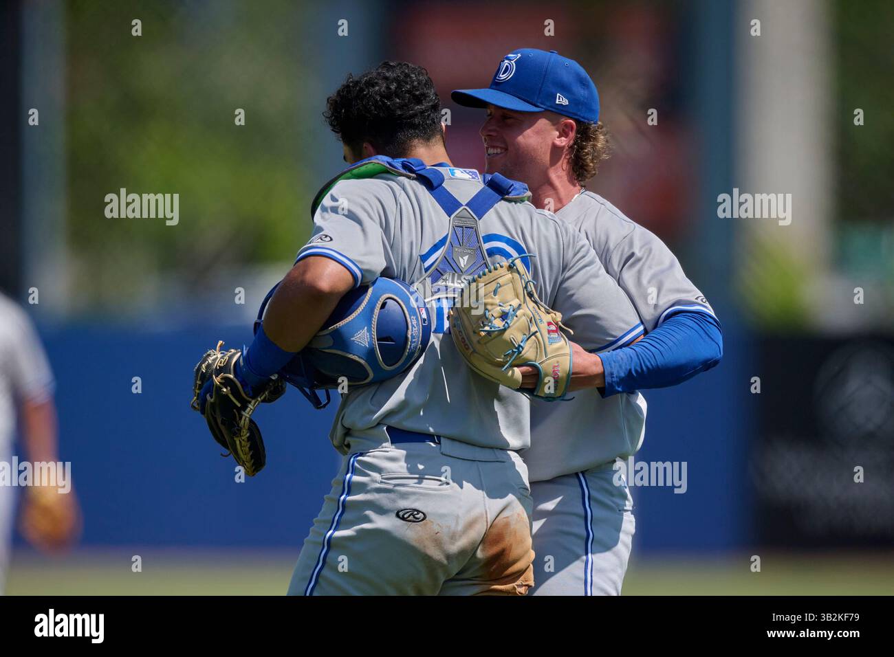 Dunedin Blue Jays pitcher Colby Martin (19) celebrates the final out ...