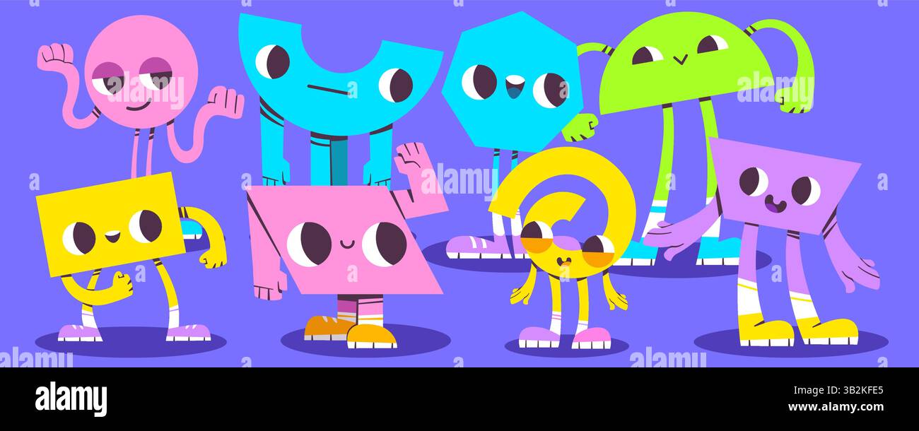 Geometric doodle faces set, colorful cartoon characters. Quirky flat ...