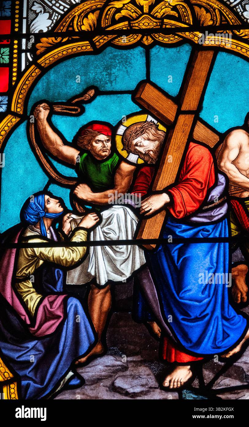 Hasparren, France - 04-22-2025: Stained glass (19th century) of The Way ...