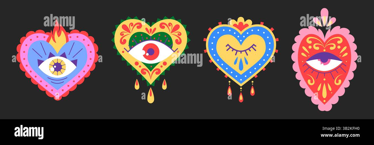 Mexican sacred hearts set isolated on black background. Vector cartoon ...