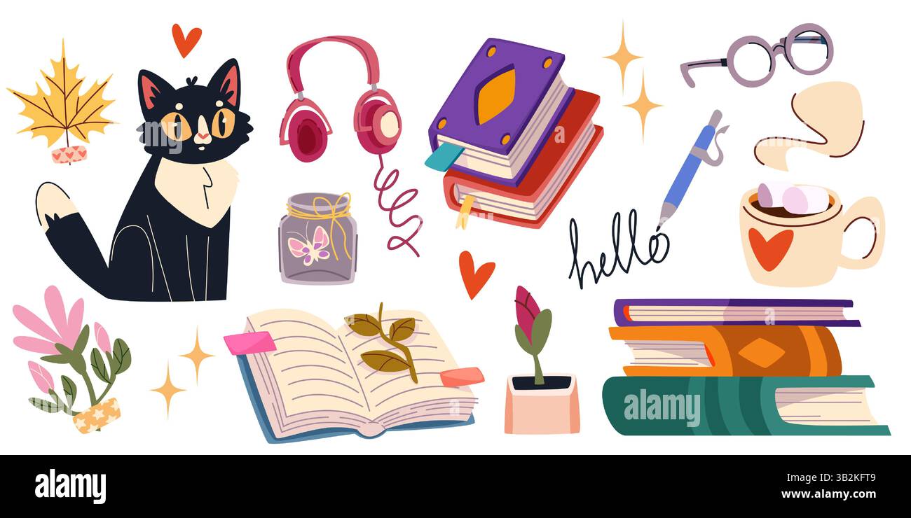 Book cartoon pile set - adorable black cat, stacks of colorful ...