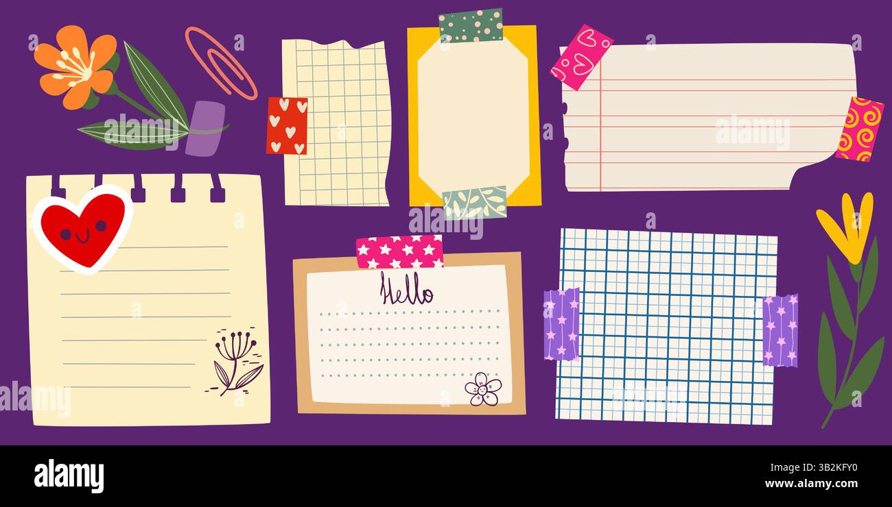 Memo note paper sheets drawn set - colorful scrapbook page designs with ...