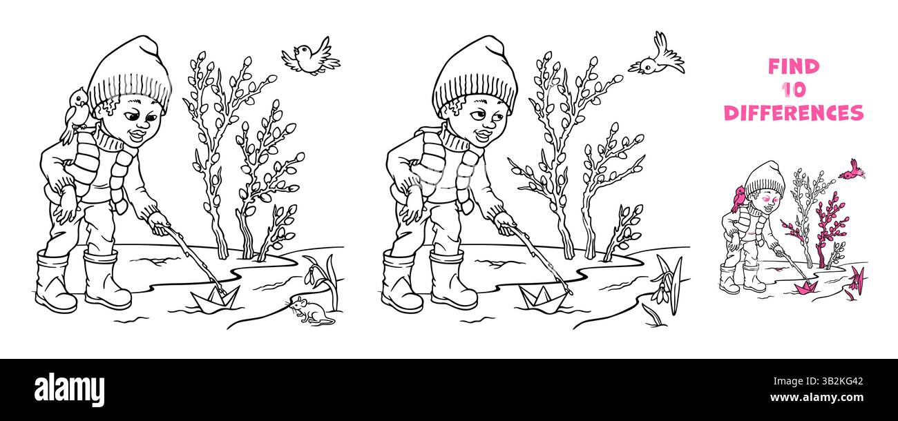 Boy launches paper boat in stream of melting snow against blossoming ...